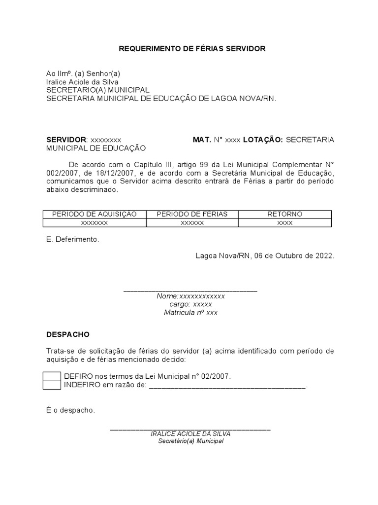 Requerimento de Ferias Servidor Modelo | PDF