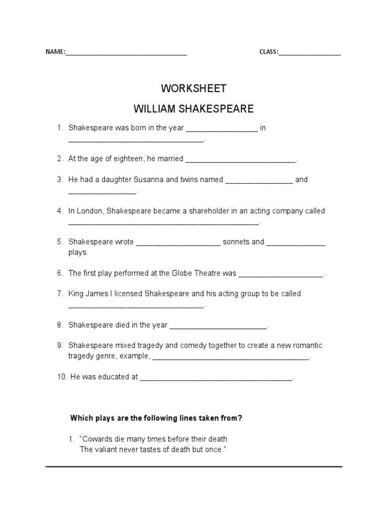Worksheet On Shakespeare Class 7 | PDF