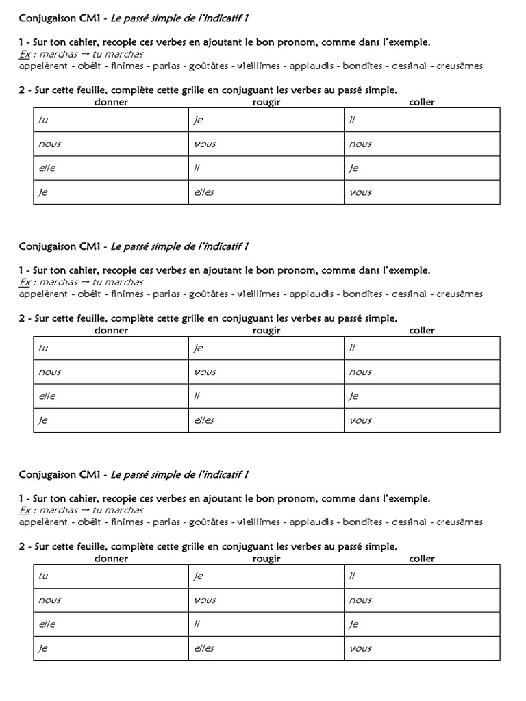 CM1 Le Passe Simple de Lindicatif Exercices PDF | PDF | Nombre ...