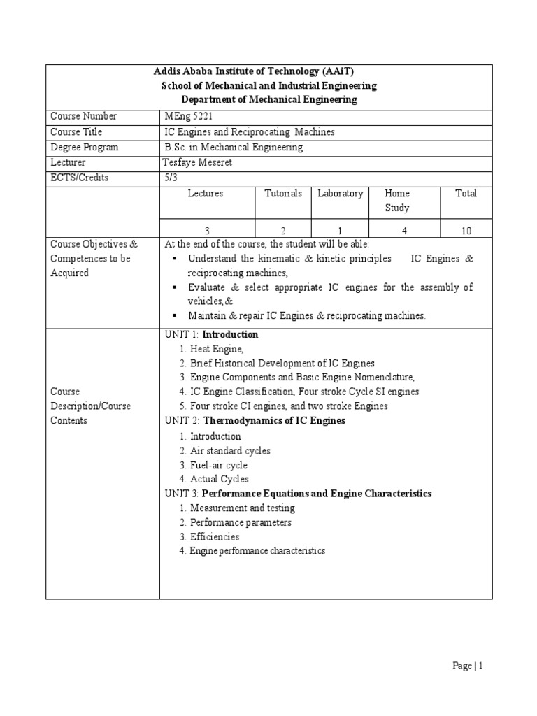 AAiT IC Engine and Reciprocating Machines Course Outline PDF | PDF ...