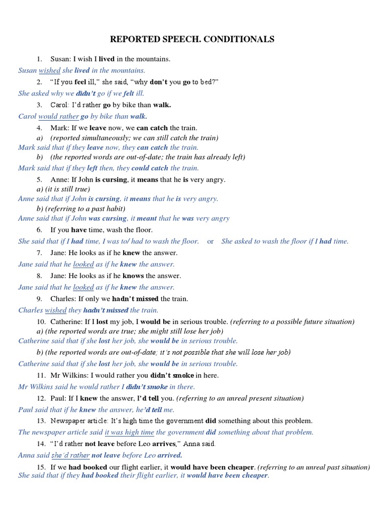 REPORTED SPEECH - CONDITIONALS - The Key | PDF