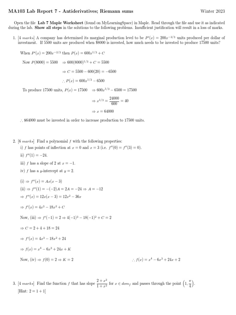 MA103 Lab Report 7 - Antiderivatives and Riemann Sums | PDF | Interval ...