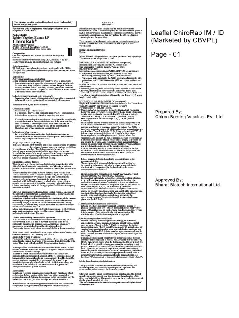 Chirorab Prescribing Information | PDF | Rabies | Vaccines