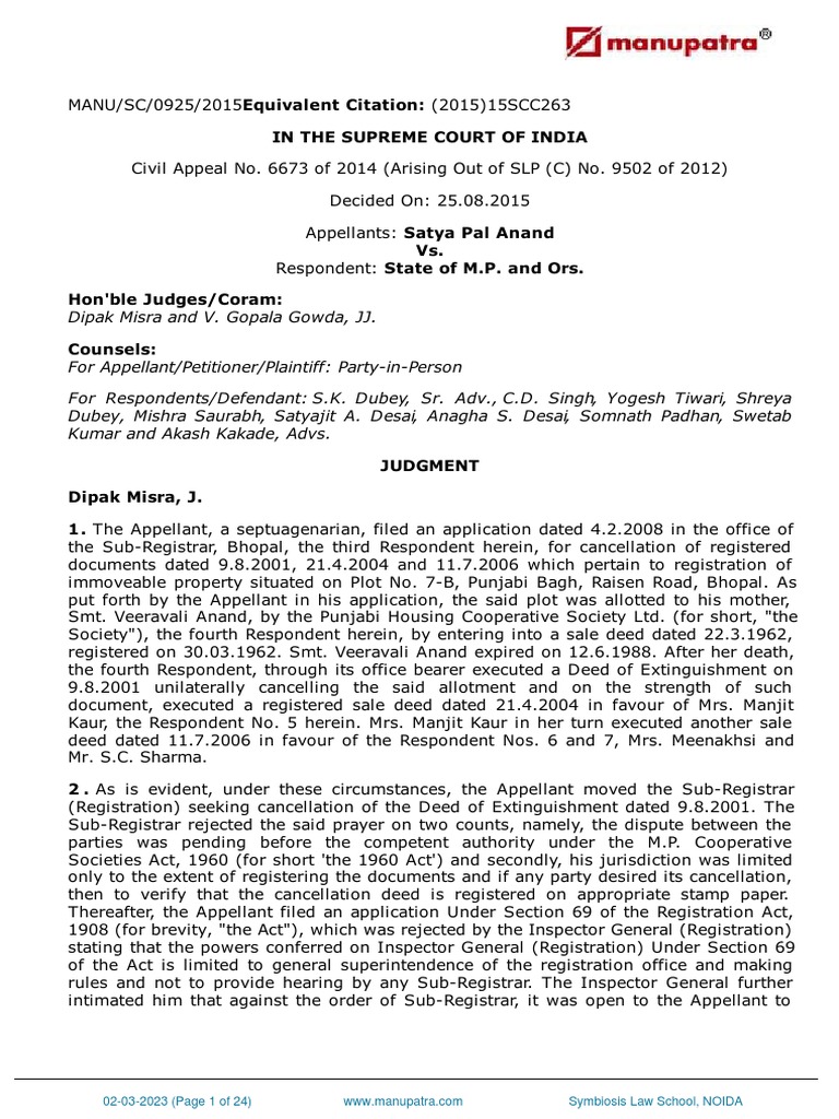Satya Pal Anand Vs State of MP and Ors 25082015 SSC20152808151119391COM951565 | Download Free ...