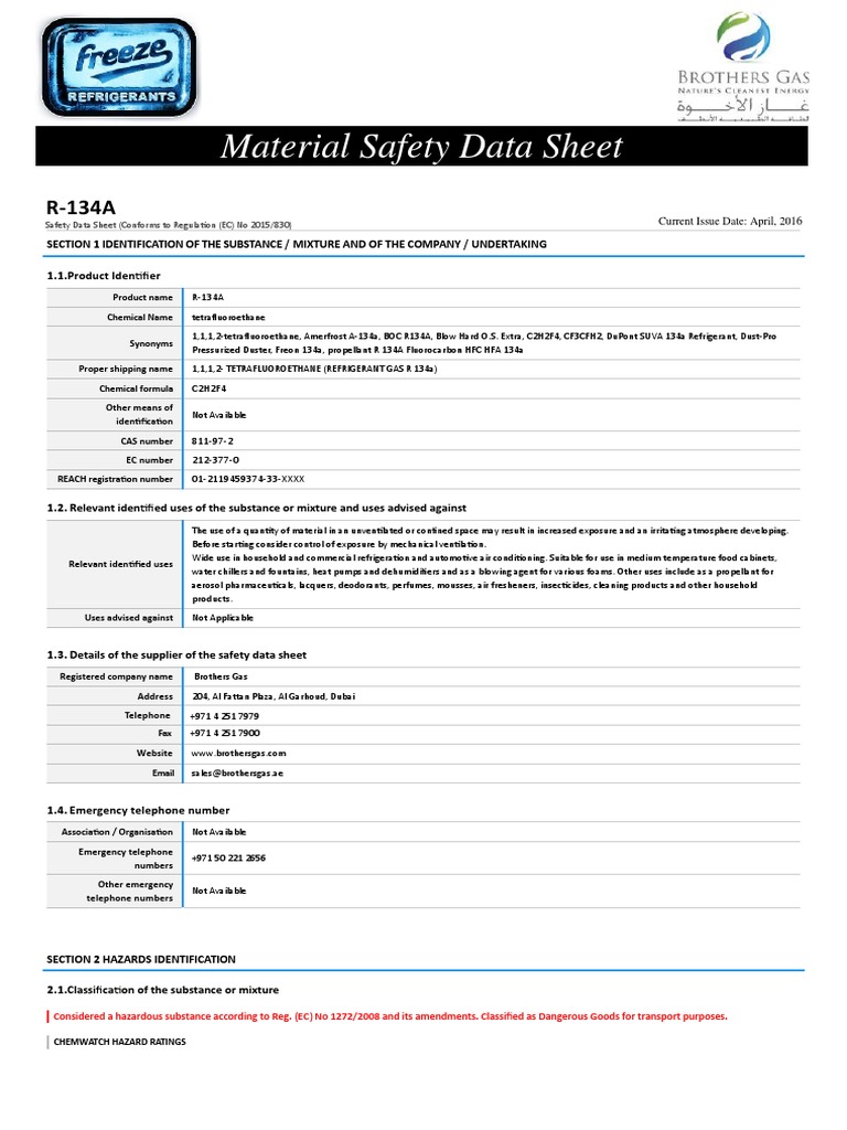 MSDS of R134a | PDF | Magnesium | Aluminium