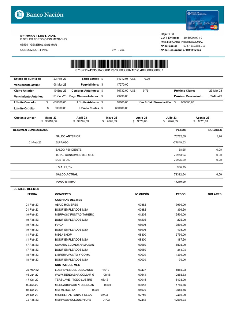 Resumen de Cuenta Mastercard Febrero 2023 | PDF