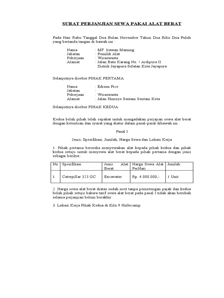 Surat Perjanjian Sewa Pakai Alat Berat | PDF