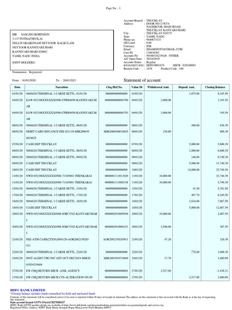 Statement of Account: Date Narration Chq./Ref - No. Value DT Withdrawal ...