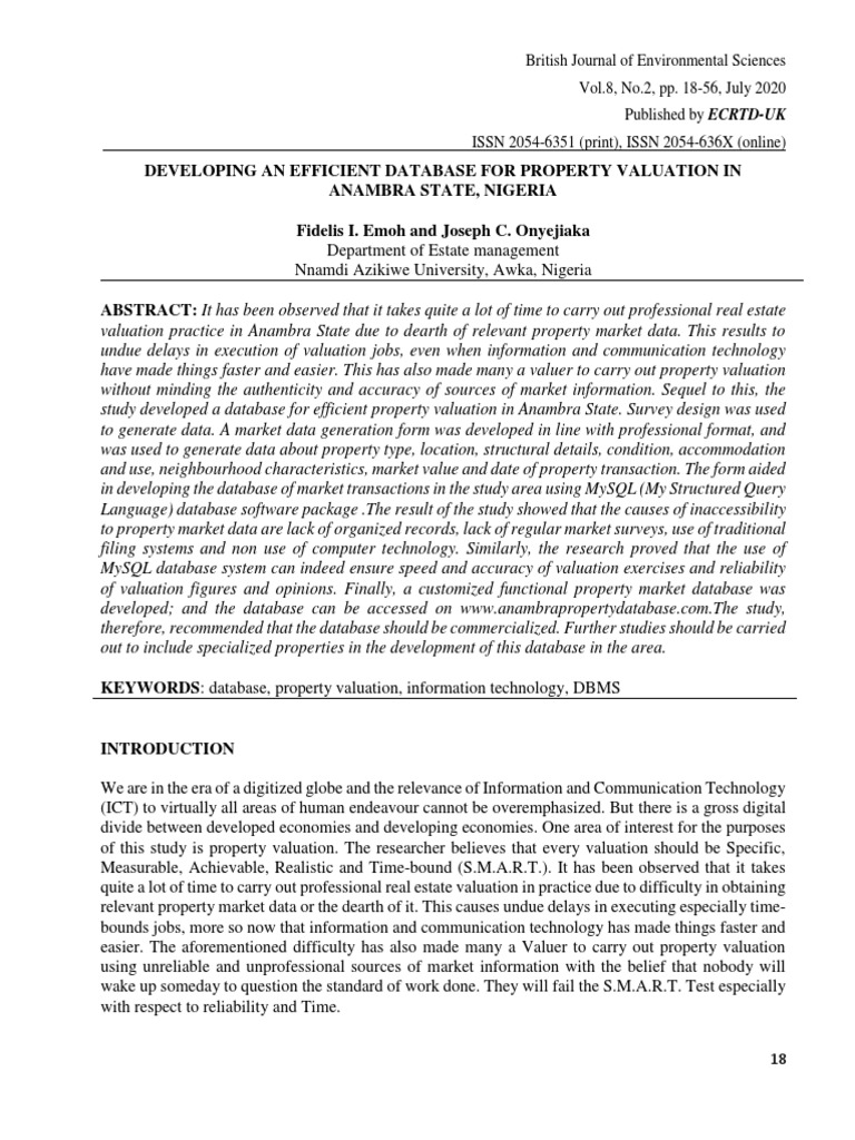 Developing An Efficient Database For Property Valuation in Anambra State Nigeria | PDF ...