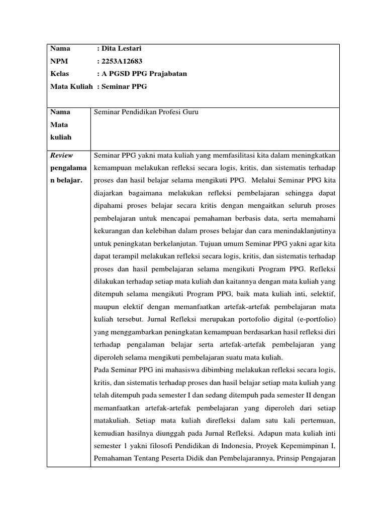 Jurnal Refleksi Seminar PPG Dita Lestari PDF | PDF