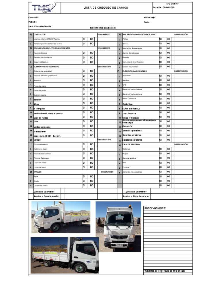 CHECK LIST CAMIÓN DE CARGA LIVIANO REV 01.xlsx | PDF