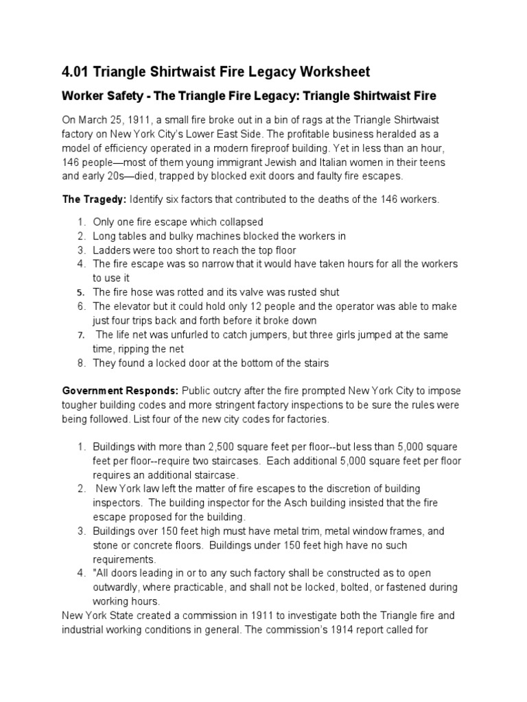 Triangle Shirtwaist Fire Legacy Worksheet | PDF | Fires | Hazards