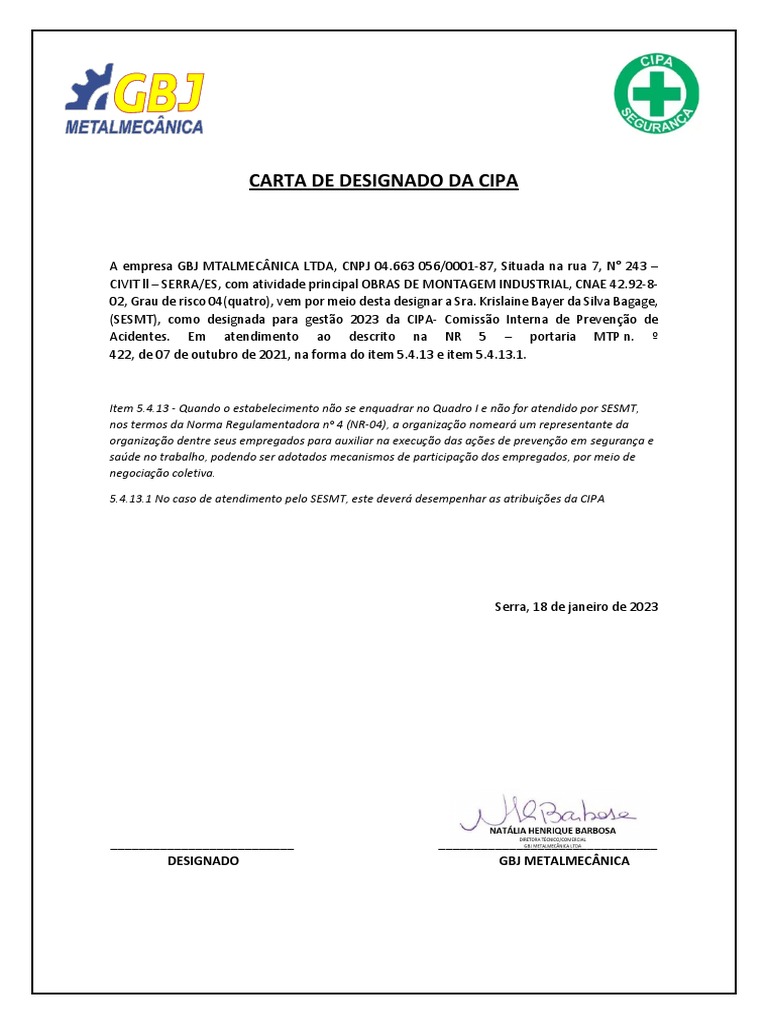 Carta de Designado Da Cipa 2023 Chemtrad (00000003) | PDF