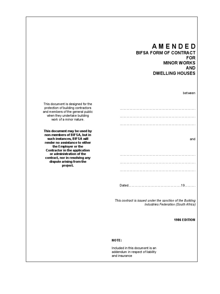 Bifsa Form of Contract For Minor Works & Dwelling Houses (Amended) | PDF | Employment | Arbitration