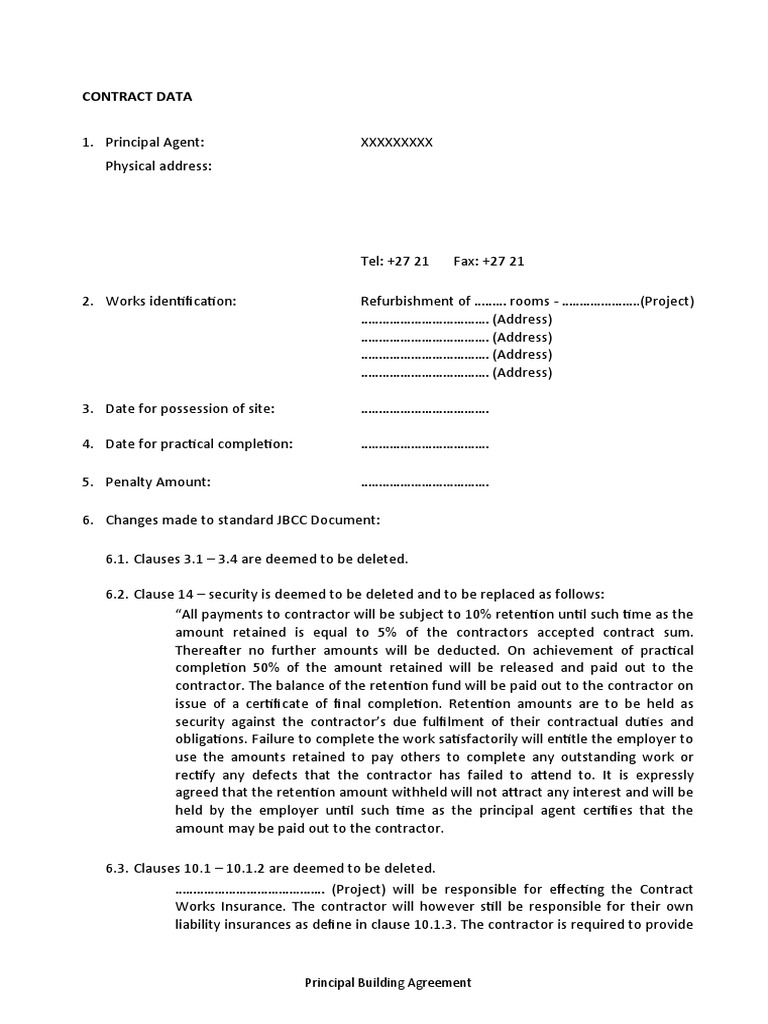 CONTRACT DATA Addendum To JBCC Contract | PDF