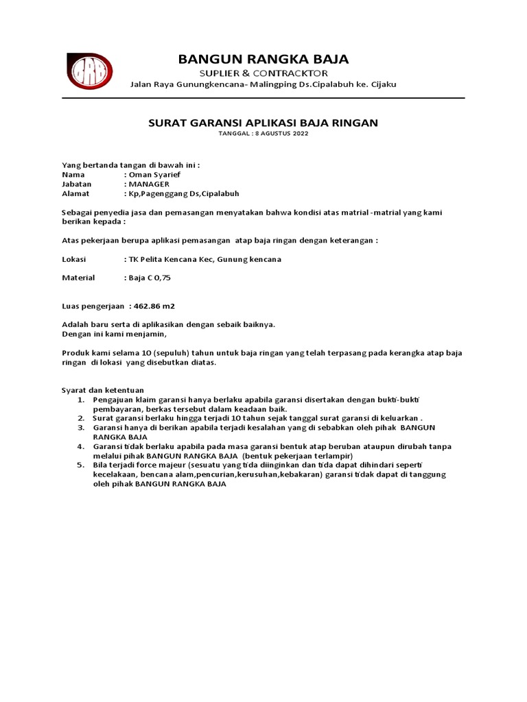 Surat Garansi dan Kontrak Baja Ringan | PDF | Teknologi & Rekayasa