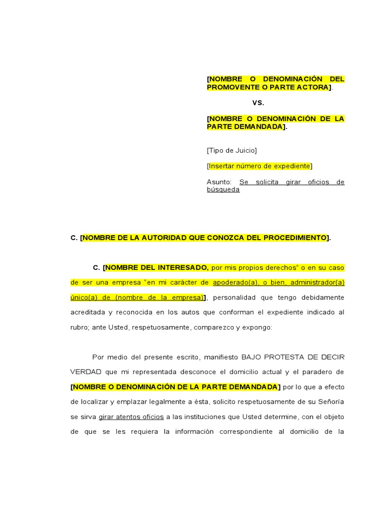 Escrito para Solicitar Girar Oficios de Busqueda | PDF
