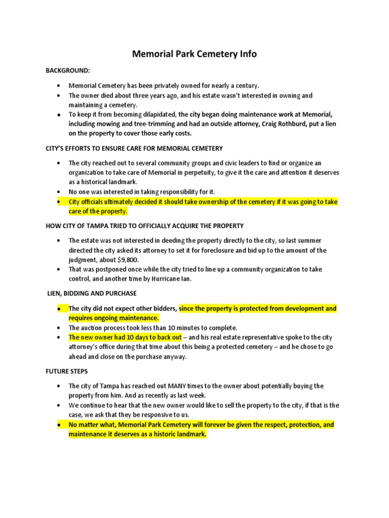 Memorial Park Cemetery Fact Sheet | PDF