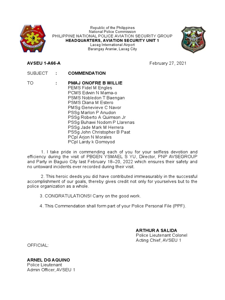 Commendation for AVSEU Personnel | PDF