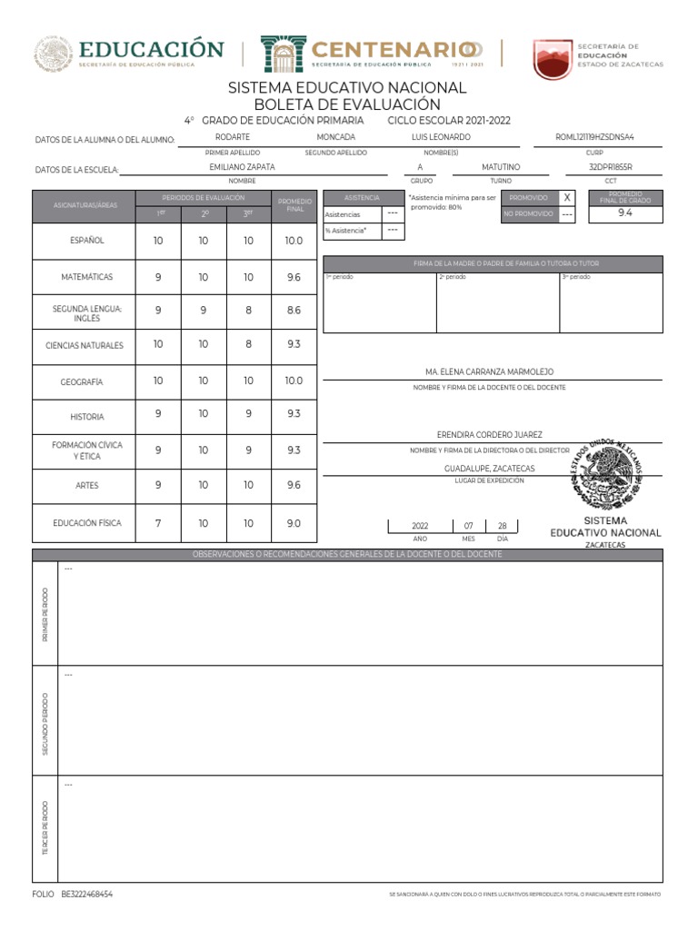 Boleta de Evaluación 4° Primaria 2021-2022 | PDF