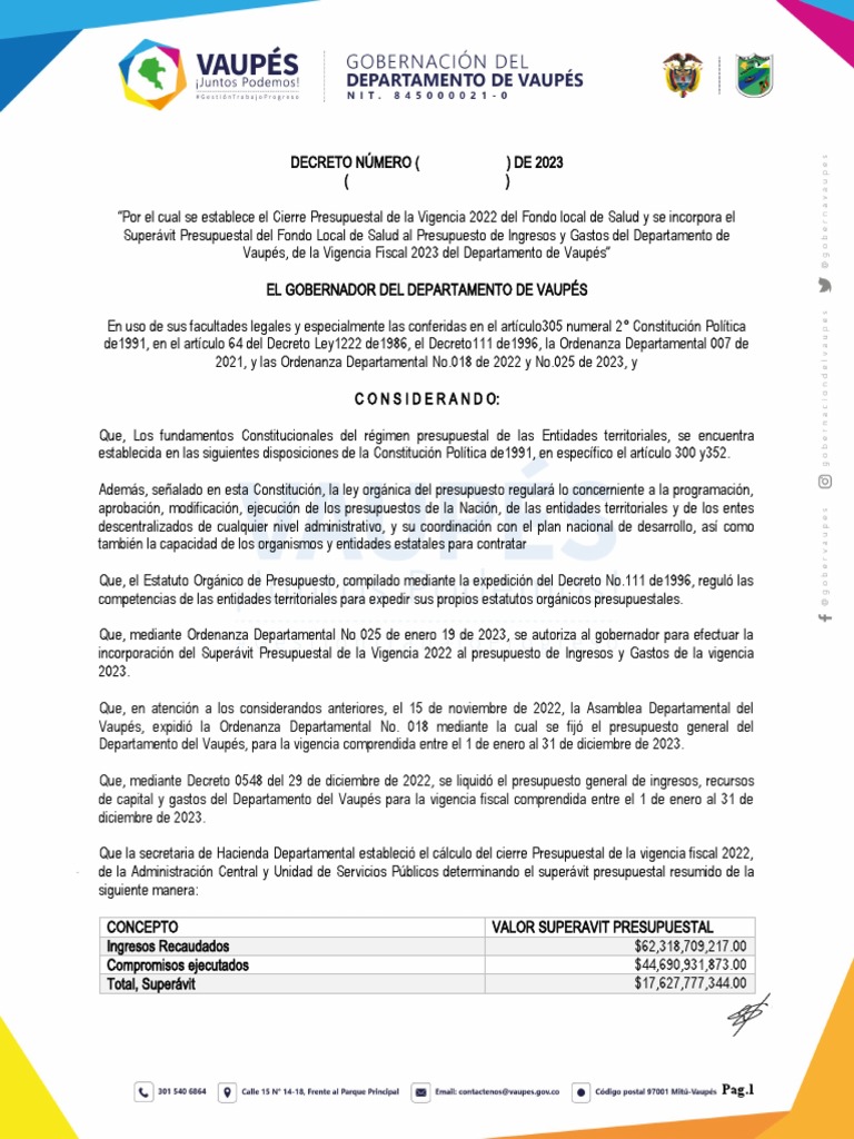 Decreto Adicion Superavit Salud Vig 2022 | PDF | Presupuesto | Gobierno