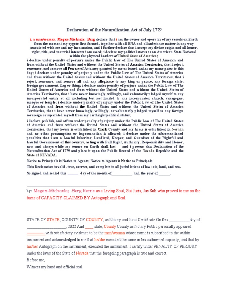 XDeclaration of The Naturalization Act of July | PDF | Notary Public ...