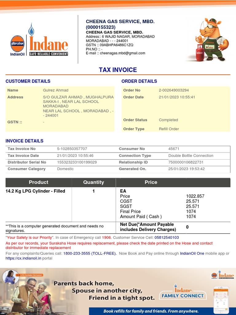Tax Invoice for Domestic LPG Cylinder Refill Order Providing Customer ...
