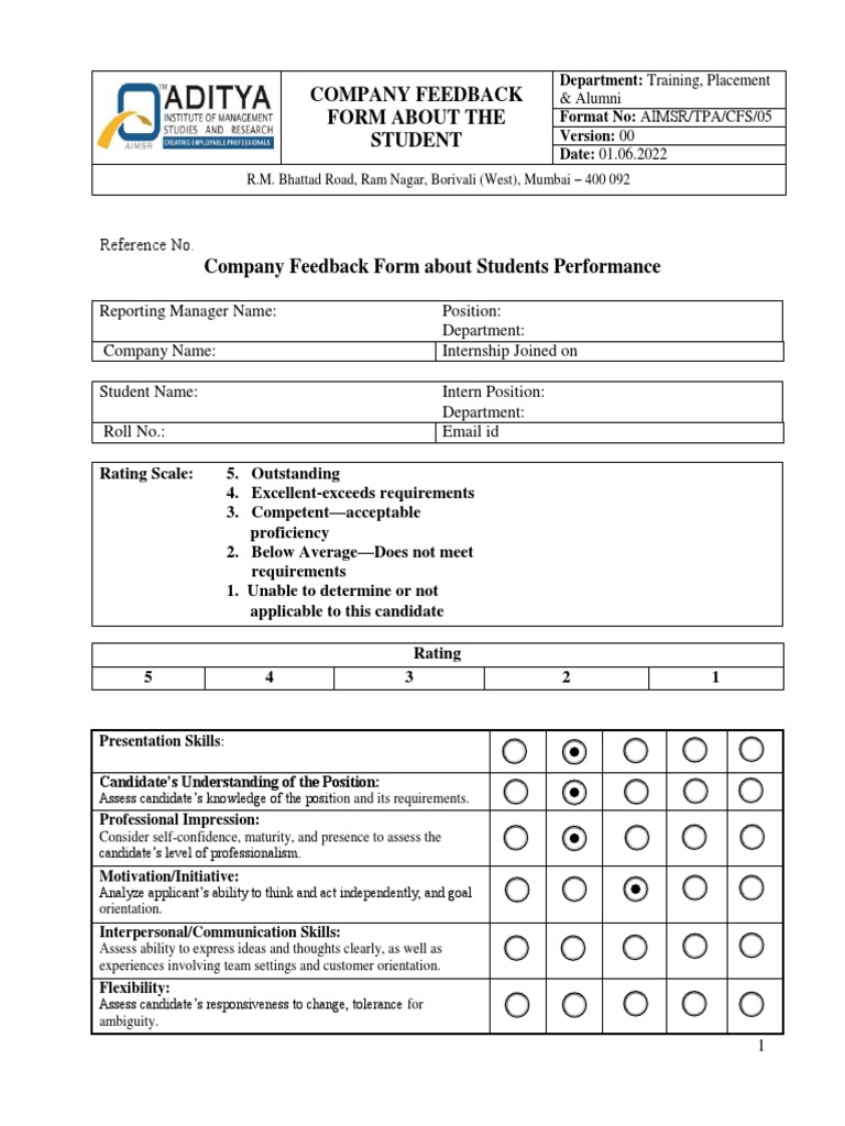 05-Company Feedback Form About Students Performance | PDF ...
