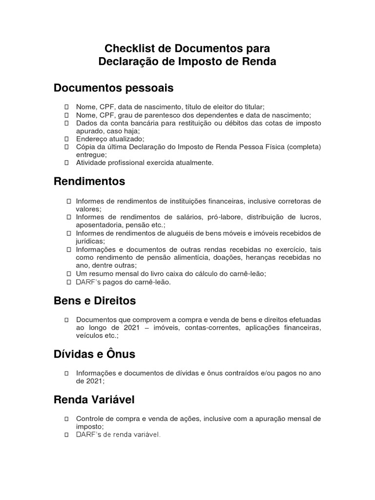 Checklist de Documentos Irpf | PDF