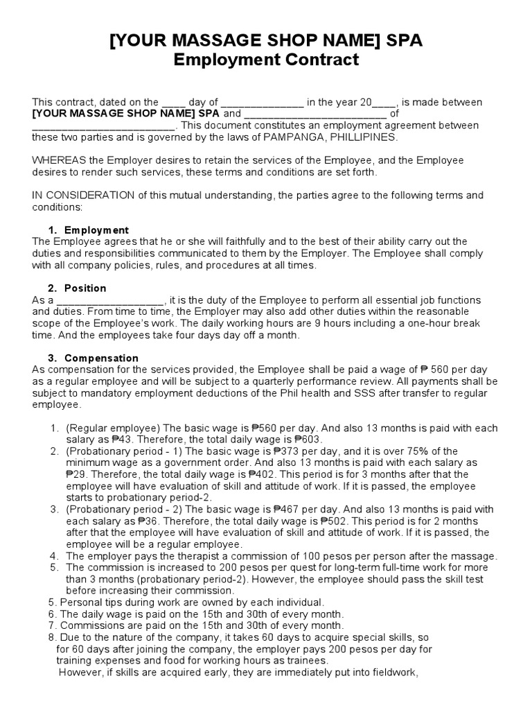 Spa Employment Contract Overview | PDF | Salary | Employment