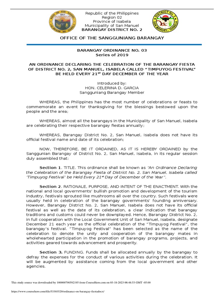 Ordinance On Barangay Fiesta | PDF