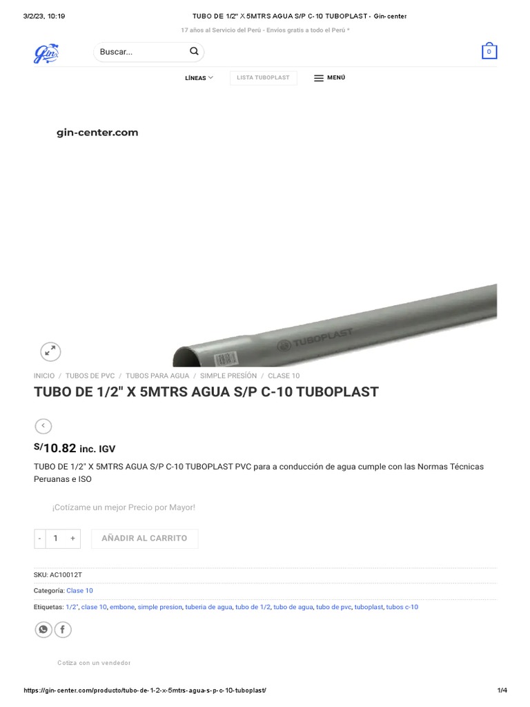 TUBO DE 1 - 2 - X 5MTRS AGUA S - P C-10 TUBOPLAST - Gin-Center | PDF TUBO DE 1 - 2 - X 5MTRS AGUA S - P C-10 TUBOPLAST - Gin-Center | PDF