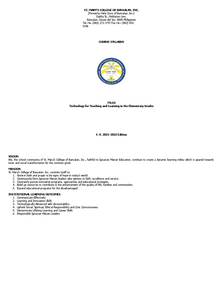 TTL01 Syllabus - Technology For Teaching in Elementary Grades | PDF ...