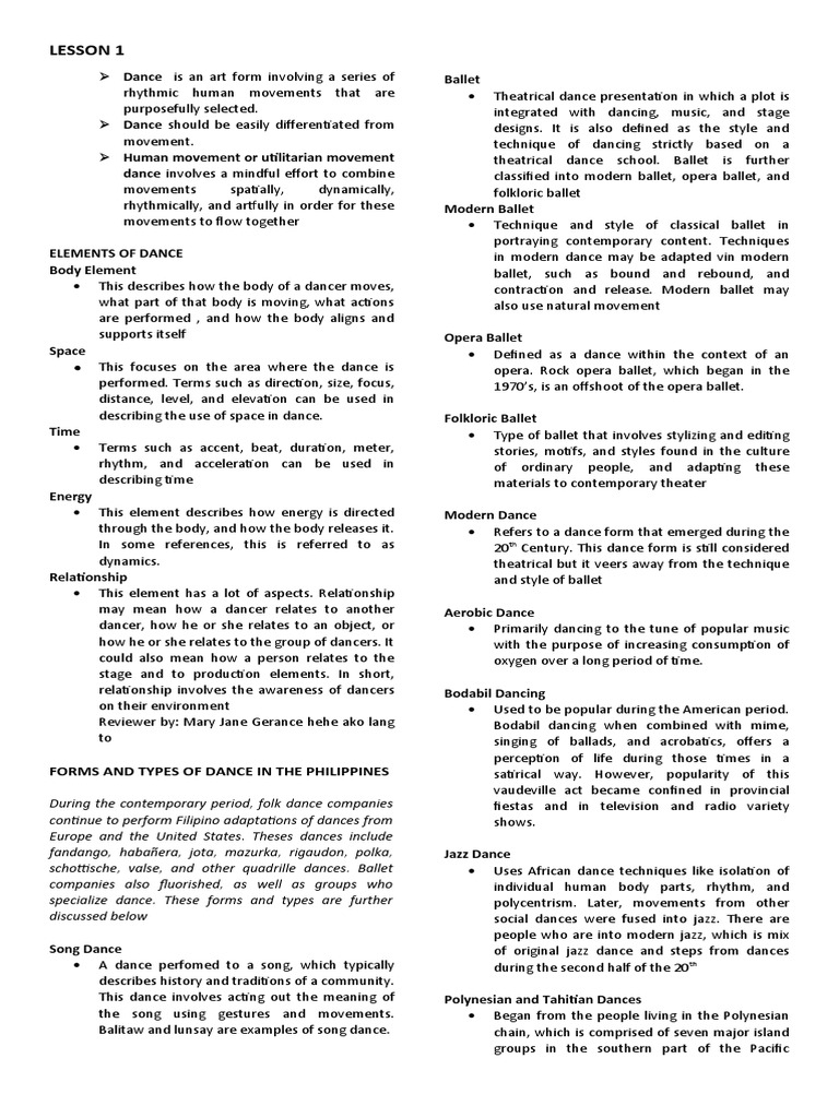 PE Lesson 1 - TYPES OF DANCE | PDF | Dances | Ballet
