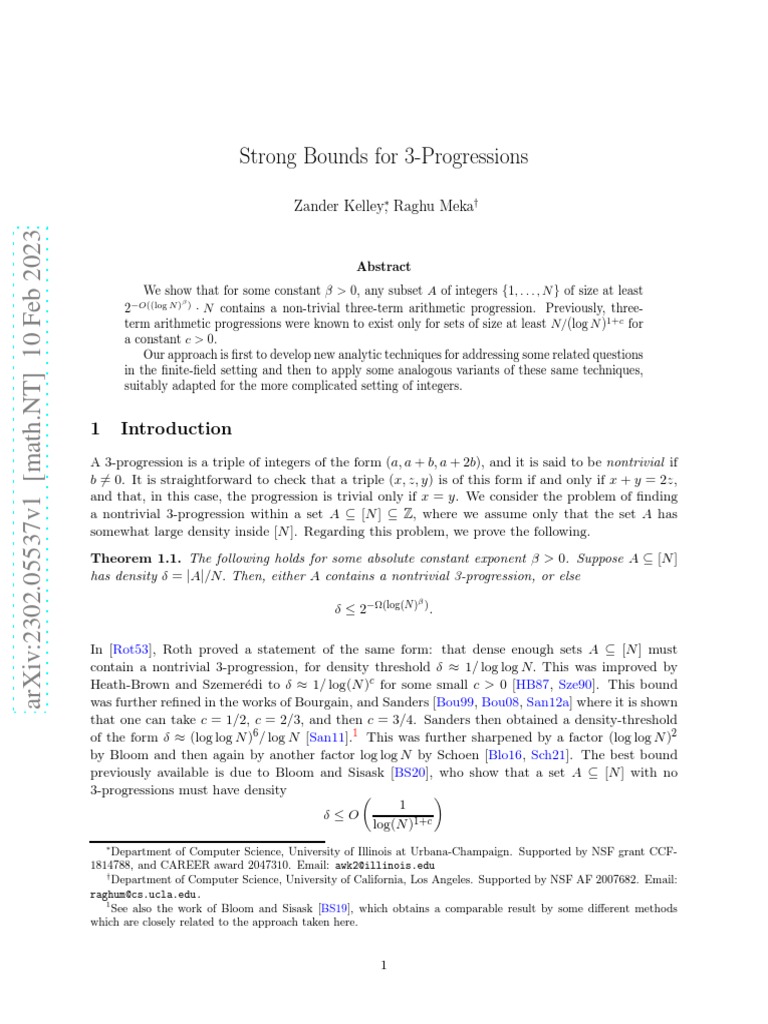 Strong Bounds For 3-Progressions: Zander Kelley, Raghu Meka | PDF | Field (Mathematics) | Linear ...
