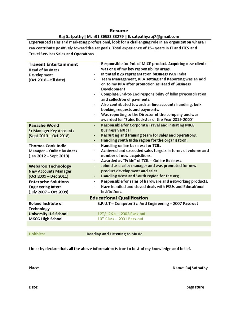 Raj Satpathy - Resume CC | Download Free PDF | Sales | Marketing