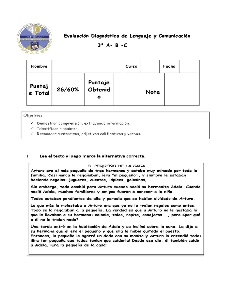 PRUEBA DE DIAGNÓSTICO DE LENGUAJE Y COMUNICACIÓN Terceros 2023 | PDF