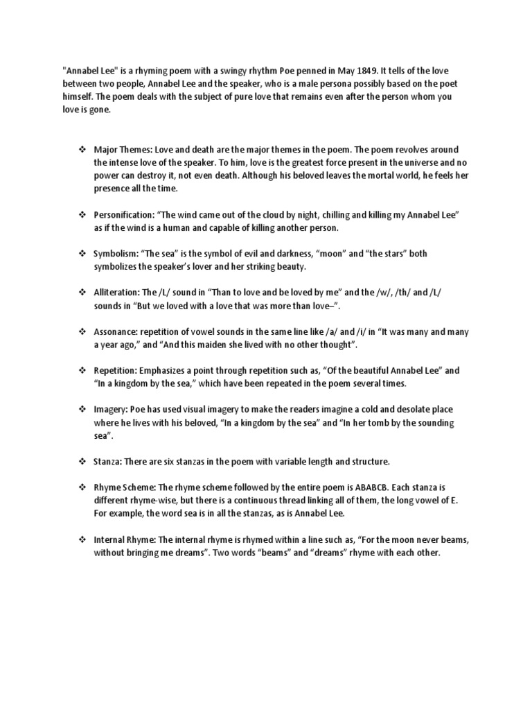 Analysis of "Annabel Lee" Poem | PDF