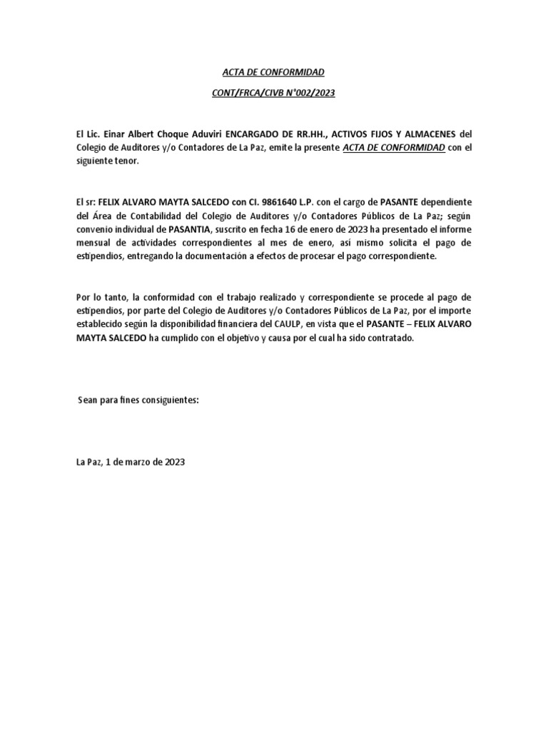 Acta de Conformidad | PDF