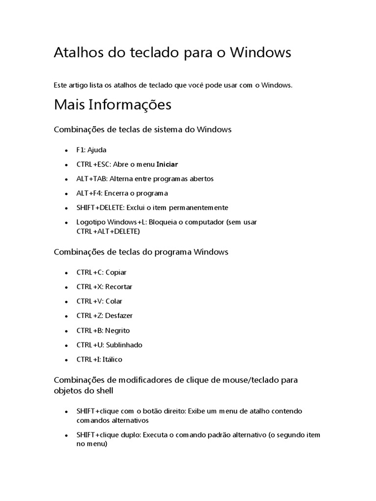 Windows Atalhos Teclado | PDF