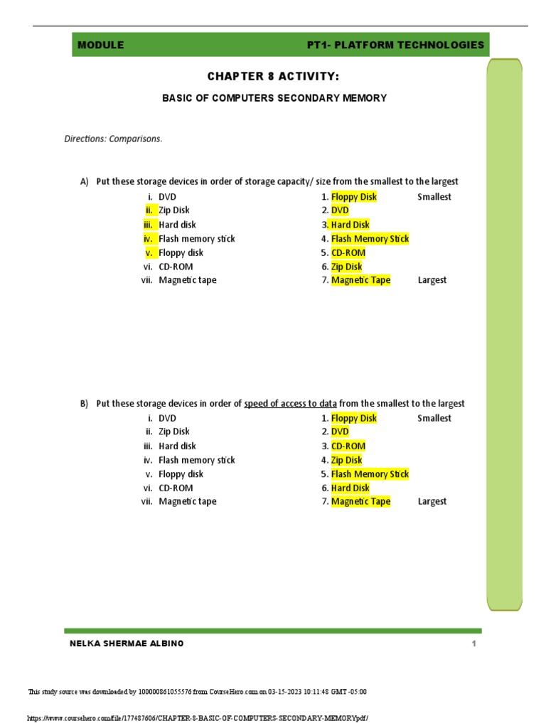 Chapter 8 Basic of Computers Secondary Memory PDF | PDF