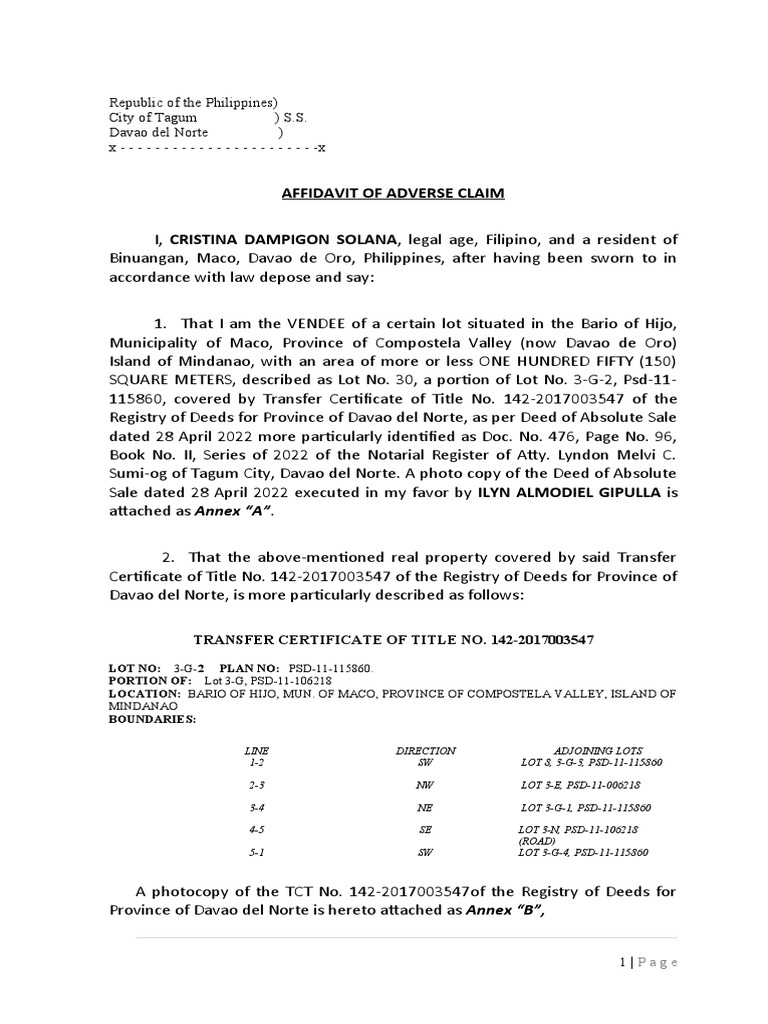 Affidavit of Adverse Claim | PDF | Judiciaries | Property Law