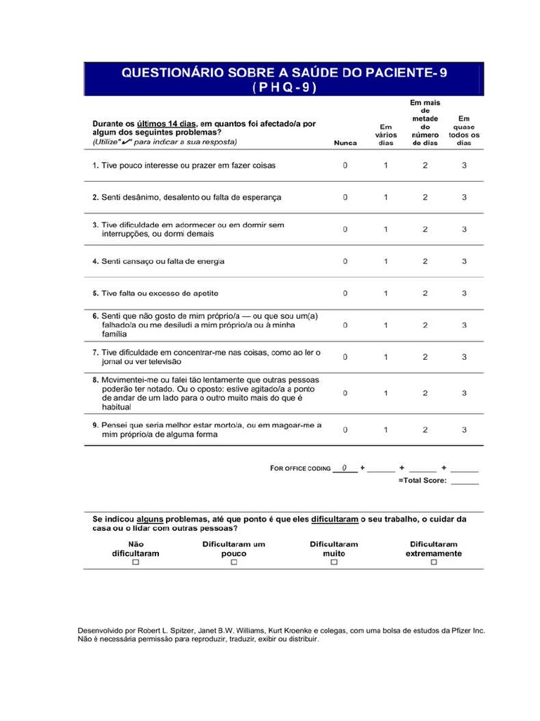 Questionário Depressão Maior phq.9 | PDF