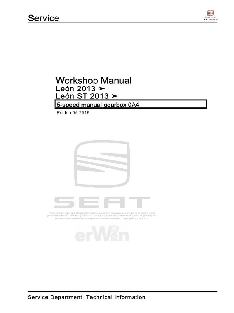 Seat 5 Speed Manual Gearbox 0a4 Workshop Manual | PDF | Manual ...