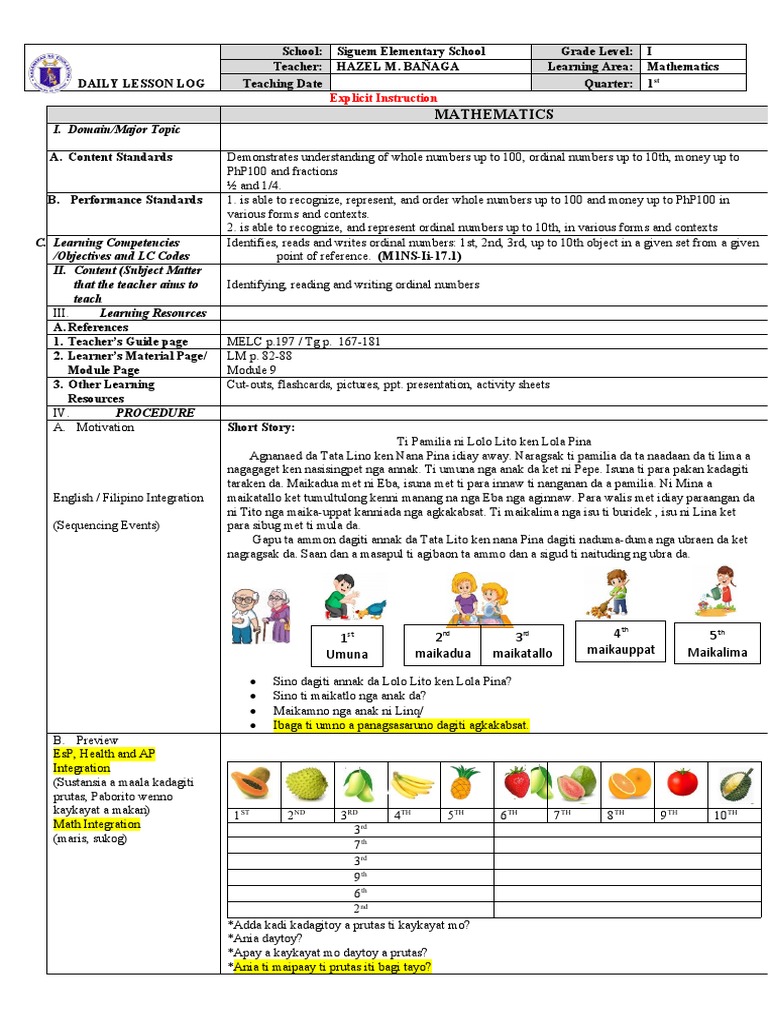 Math COT 2022 1st Quarter Ordinal Numbers | PDF | Behavior Modification | Cognition