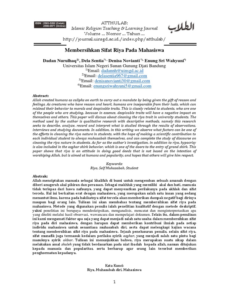 Artikel Kelompok 2 - Membersihkan Sifat Riya Pada Mahasiswa 1 | PDF ...