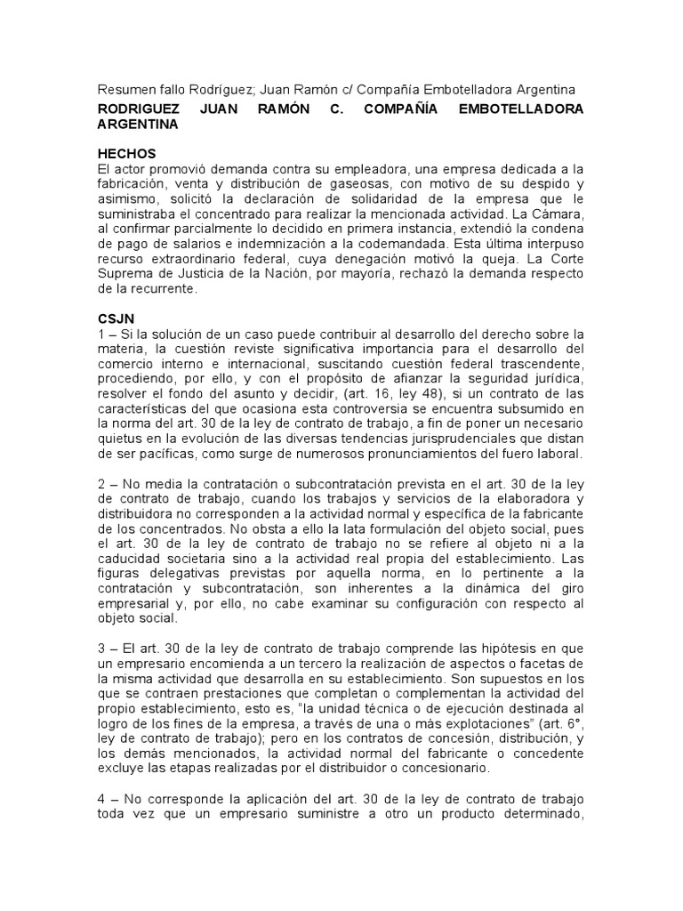Resumen Fallo Rodríguez | PDF | Sentencia (ley) | Outsourcing