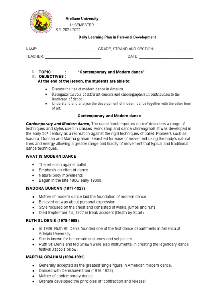 DLP P.E 3 Lesson 3 MODERN AND CONTEMPORARY DANCE | PDF | Dances ...