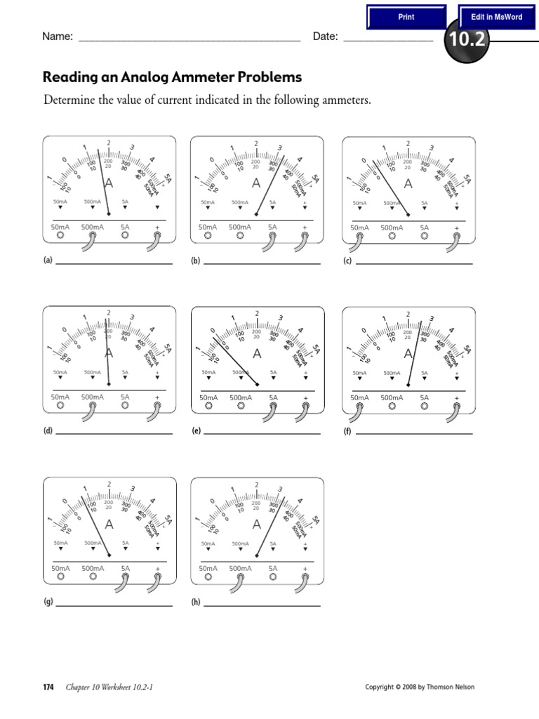 2 Reading An Analog Ammeter Problems Worksheet Pdf