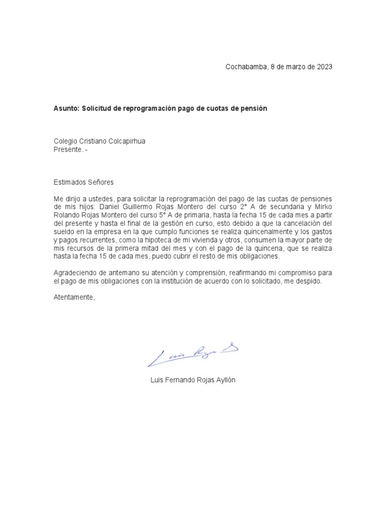 Carta Solicitud Reprogramación Cuotas | PDF